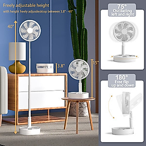 Greheywos 8 inch cordless folding fan / table fan, 75-Degree Automatic oscillating, Adjustable in height and angle, 4 kinds of wind speed adjustment, 7200mAh battery, With remote control and timing function, ultra-quiet, Cordless Pedestal Fans for home, c