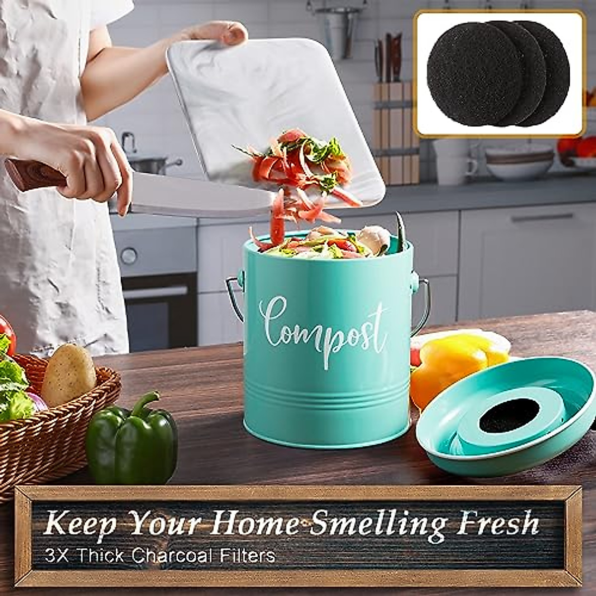 Teal Compost Bin Kitchen - 1.3 Gallon Turquoise Kitchen Compost Bin Countertop - Indoor Countertop Compost Bin with Lid - Rust Proof Compost Bucket - Teal Kitchen Decor and Accessories