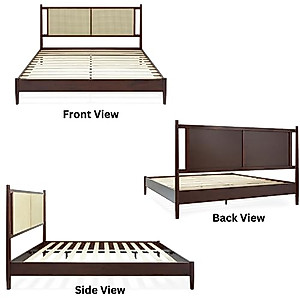 Bme Oliver King Bed Frame and Headboard - 15-Inch Signature Design with Rattan Headboard, Bohemian and Mid Century Style, 12-Slat Wood Support, No Box Spring Needed - Easy Assembly, Walnut