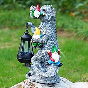 14 Inch Dinosaur Gnomes Garden Statues with Solar LED Lights, Garden Gnomes Statues Outdoor Decor for Fall Winter Garden Decor, Outdoor Indoor Solar Garden Gnome Decor for Patio,Lawn,Yard Decorations