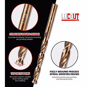 LUCKUT Cobalt Drill Bit Set- 13Pcs M35 High Speed Steel, Twist Jobber Length for Metal, Cast Iron and Wood Plastic with Metal Indexed Storage Case, 1/16"-1/4"