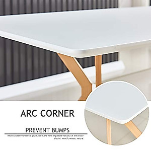 Hommoo Rectangle Dining Table Modern Kitchen Table Tea Coffee Table with White MDF Top and Wood Legs for Kitchen and Dining Room