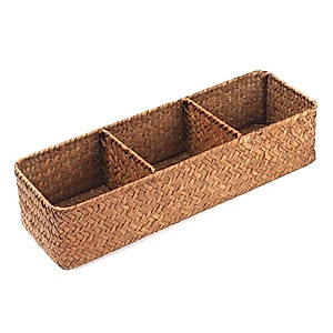 DOKOT Toilet Tank Basket,Toilet Paper Basket, Bathroom Baskets for Organizing , Toilet Basket Tank Topper,Seagrass Toilet Tank Basket with 3 Section, Woven Storage Basket for Kitchen,Toilet, Dresser