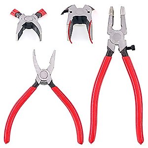 Swpeet 2Pcs Heavy Duty Breaker Grozer Pliers and Glass Running Pliers Kit with Rubber Tips, Glass Pliers with Flat Jaws & Curve Jaw Perfect for Stained Glass