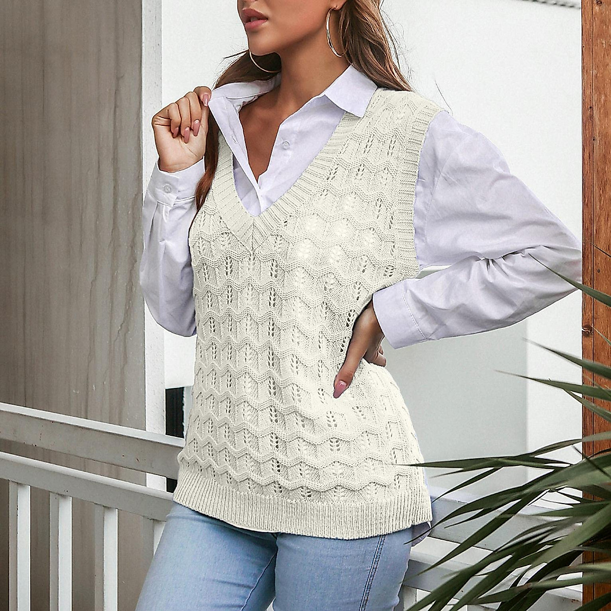 Padaleks Women's Oversized Fall Winter Pullover Sweater Vest Sleeveless V Neck Vintage Loose Casual Knitted Top