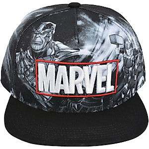 Marvel The Avengers and Thanos Baseball Hat, Flat Brim Adult Adjustable Snapback Ball Cap, Black, One Size