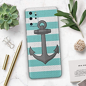 DesignSkinz Teal Stripes with Gray Nautical Anchor Protective Vinyl Decal Wrap Skin Cover Compatible with The Samsung Galaxy S20 (Screen Trim & Back Glass Skin)