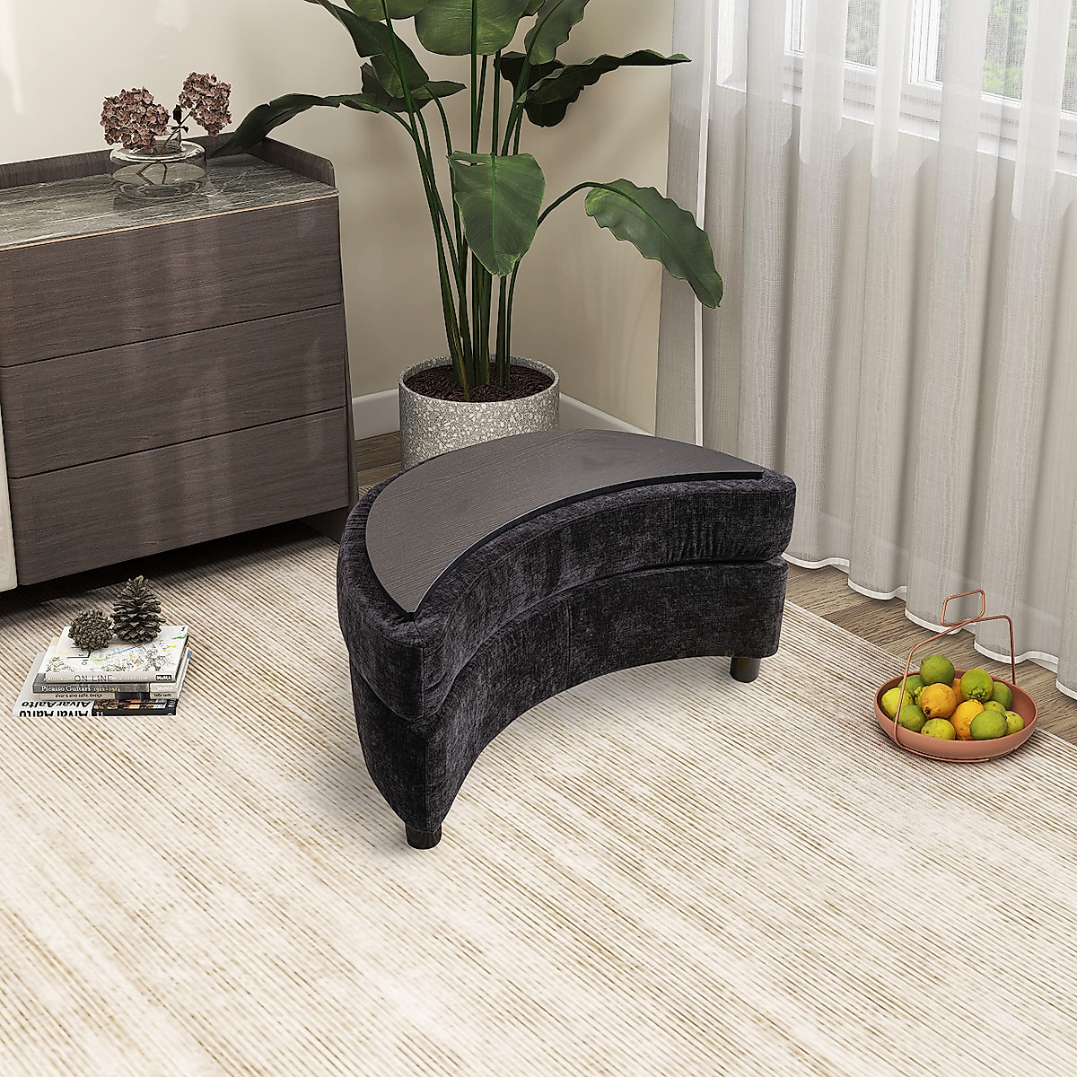 HABITRIO Storage Ottoman, Black Chenille Upholstered Half Crescent Moon Bench w/ 1 Toss Pillow, Tray Serve As Side Table, Padded Seat Dressing Shoe Bench Footrest for Living Room, Entryway, Hallway