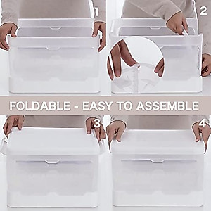 EZOWare 16 Quart Folding Plastic Storage Latch Box Basket with Lids, Stackable Lidded Organizer Container Bins - Set of 2, White / Clear