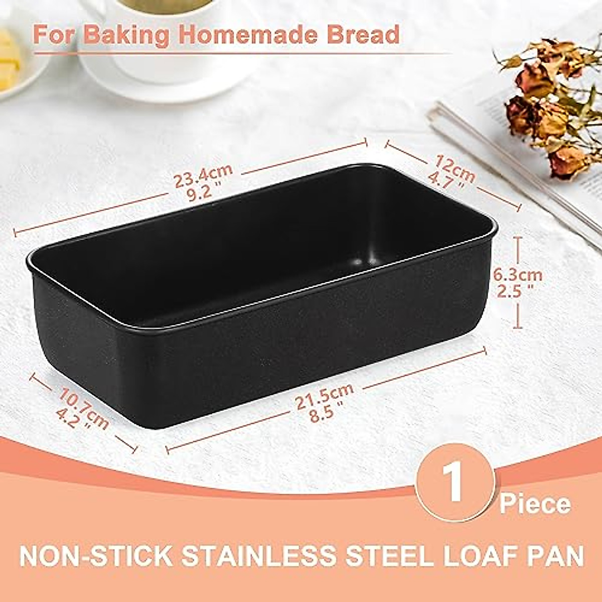 Herogo Non-Stick Loaf Pan, 9 x 5 Inch Stainless Steel Meatloaf Baking Pan for Baking Bread Meatloaf Brownie Lasagna, Black Rectangle Bread Loaf Pan for Homemade Bread, Oven Safe