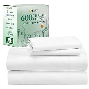 California Design Den Queen Size Sheet Set, 600 Thread Count 100% Cotton Sheets, Luxury Extra Deep Pocket Queen Sheets Cotton Sateen, Hotel-Quality Queen Sheet Set - White Sheets