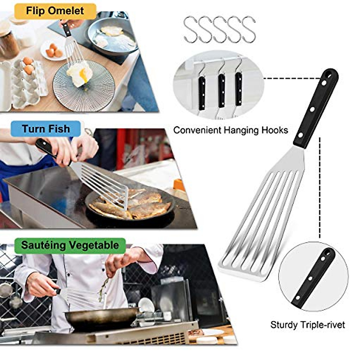 Homikit 14-Piece Metal Spatula Set, Stainless Steel Pancake Fish Egg Hamburger Turners, Griddle Flippers for Kitchen Restaurant BBQ Grilling Cast Iron Skillet, Dishwasher Safe