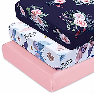 AMROSE 3 Pack Heavenly Soft Crib Sheets for Baby Girls, 28'' X 52'' Fitted Crib Sheets for Crib and Toddler Mattress Pad, Silk Touch Gentle Breathable Microfiber, Floral & Butterfly