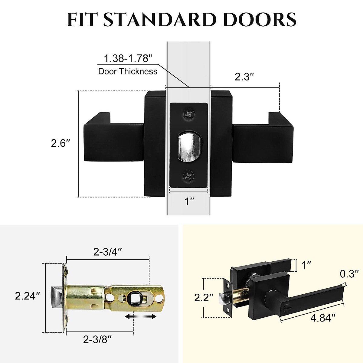 Betollo 3 Pack Black Interior Door Handles, Passage Door Handle Non-Locking for Hallway & Closet, Reversible Handles Set for Left & Right Door