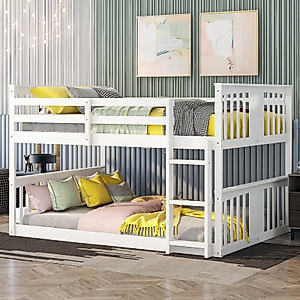 Twin Bunk Beds Low Bunk Bed Frame Wood Twin Over Twin Bunkbed for Kids Toddlers Boys Girls Bedroom, White