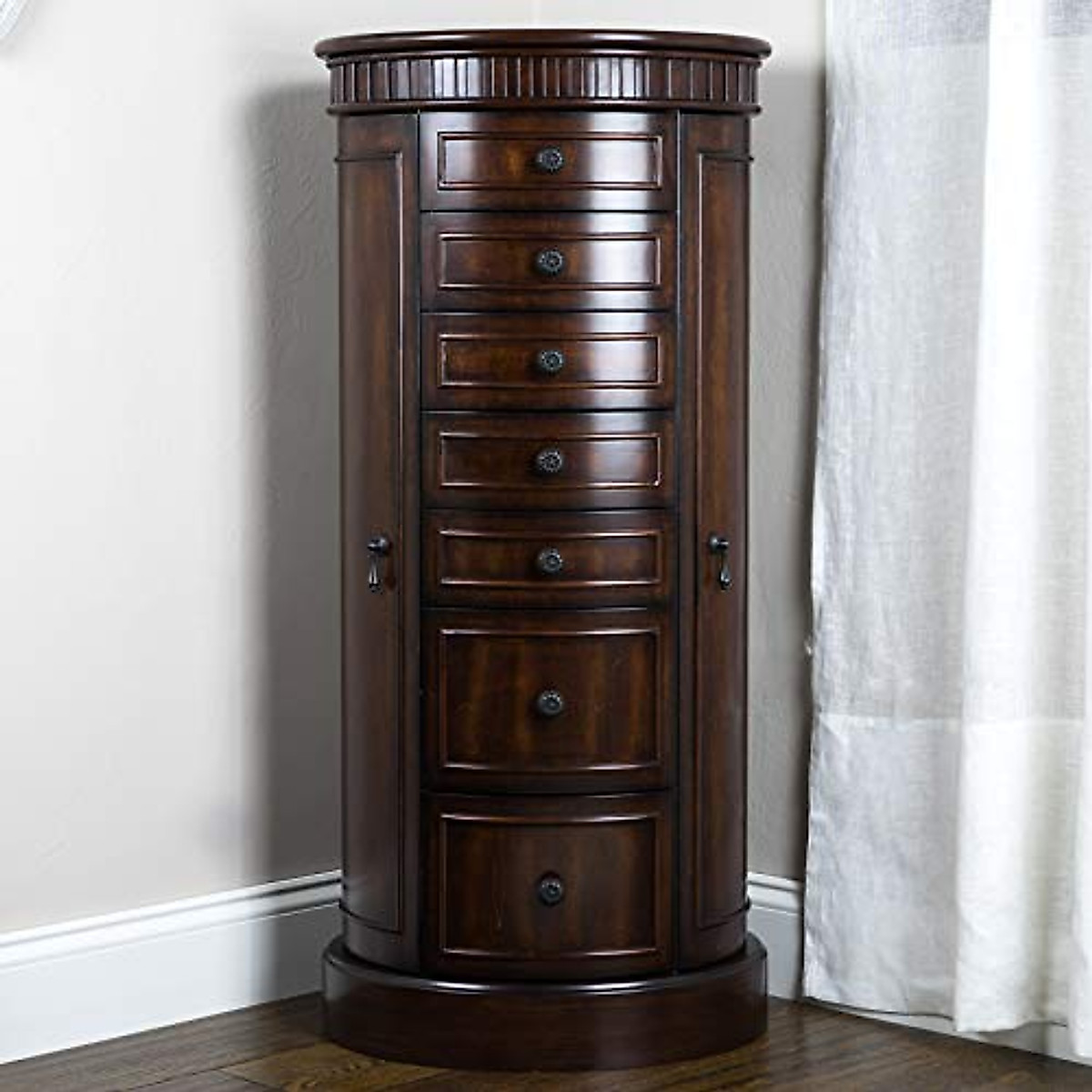 Hives and Honey Bailey Oval Standing Jewelry Armoire Cabinet, Jewelry Storage Organizer with Mirror Lid, Side Doors, 7 Drawers, Jewelry Chest, Jewelry Box for Necklaces, Earrings, Bracelets, Walnut