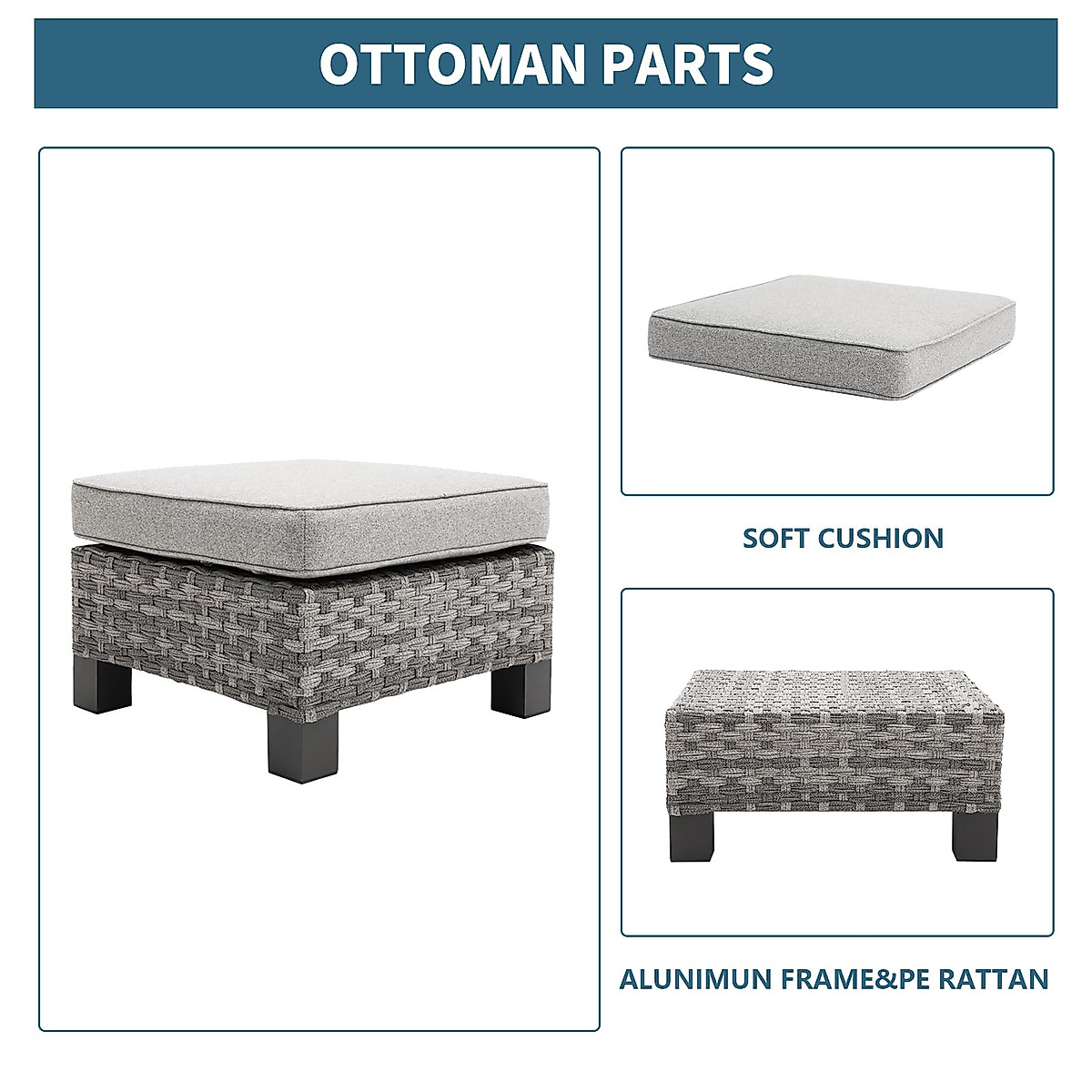 LebenLiebe Outdoor Patio Ottomanr Wicker Ottomans for Patio 2 Pieces Rattan Ottoman All-Weather Square Outdoor Footstool Footrest with Grey Cushions