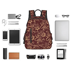 JZDACH Laptop backpack travel backpack large diaper bag doctor bag backpack for women & men (for Flower Maroon Gold Floral Classy Burgundy Antique)