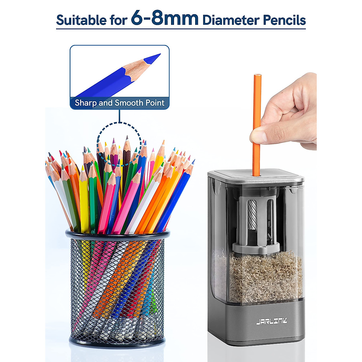 JARLINK Electric Pencil Sharpener, Auto Stop AC Adapter Operated Sharpener for No.2/Colored Pencils(6-8mm), Portable for School Classroom/Office/Home