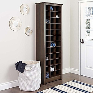 Prepac Space-Saving 36 Pair Shoe Storage Cabinet With Cubbies, 13"D x 23.5"W x 72.5"H, Espresso