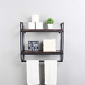 OISSIO Bathroom Shelves Wall Mounted,2 Layer Bathroom Shelf with Towel Bar,Storage Shelves for Kitchen,Metal&Wood Floating Shelves, Rustic Industrial Bathroom Shelves,Vintage Black