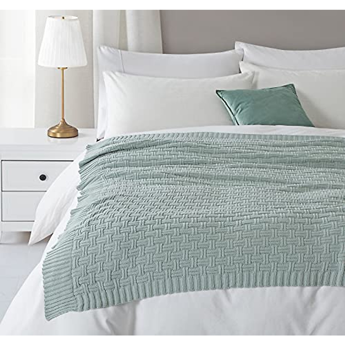 RUDONG M Sage Green Cotton Cable Knit Throw Blanket, Cozy Warm Knitted Couch Cover Blankets, 50 x 60 Inch