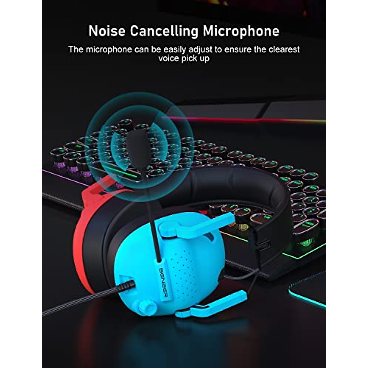 SENZER SG500 Surround Sound Pro Gaming Headset with Noise Cancelling Microphone - Detachable Memory Foam Ear Pads - Portable Foldable Headphones for PC, PS4, PS5, Xbox One, Switch - Red&Blue