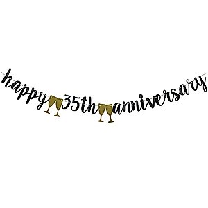 Happy 35TH Anniversary Banner,Pre-Strung, Black Paper Glitter Party Decorations For 35TH Wedding Anniversary Party Supplies Letters Black ZHAOFEIHN