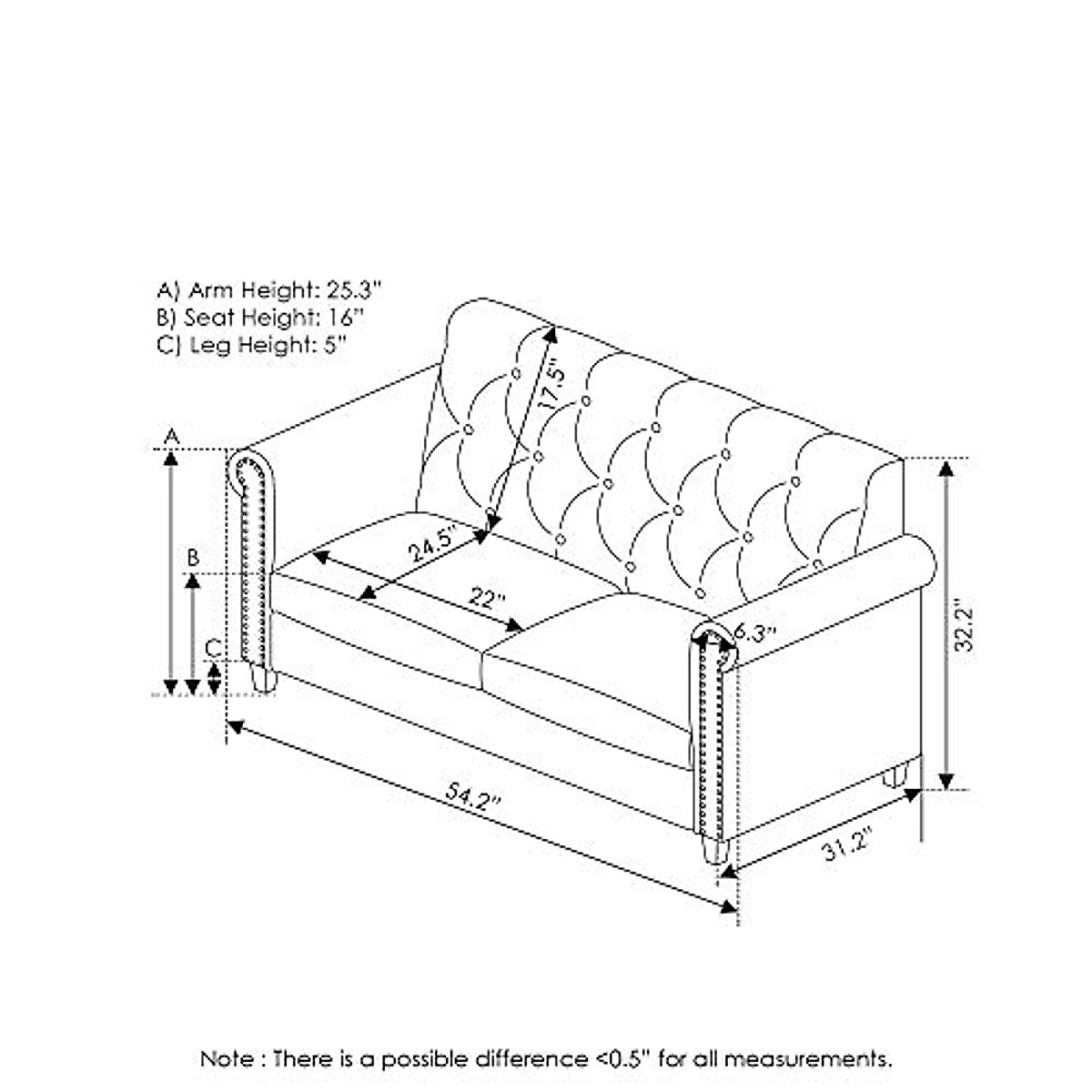 Furinno Bastia Vintage Modern Chesterfield Button Tufted Loveseat/Sofa Couch for Living Room, Navy Velvet