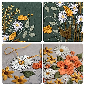 FEPITO 2 Sets Full Range Embroidery Starter Kit with Pattern and Instructions Cross Stitch Kit Includes 2 Pcs Embroidery Clothes with Floral Pattern, 1 Pcs Plastic Embroidery Hoops, 1 Pcs Scissor