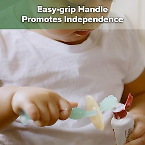 haakaa 360° Baby Toothbrush with Suction Base - Gentle Cleaning for Toddler's Self-Brushing Training, Food-Grade Silicone, Adjustable Safety Shield - Blue (1 Piece)