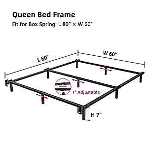 THEOCORATE Bed Frame Queen, 7 Inch Metal Basics Bed Frame, Low Profile Base for Box Spring, 9-Leg Support, Noise-Free, Easy Assembly, Black