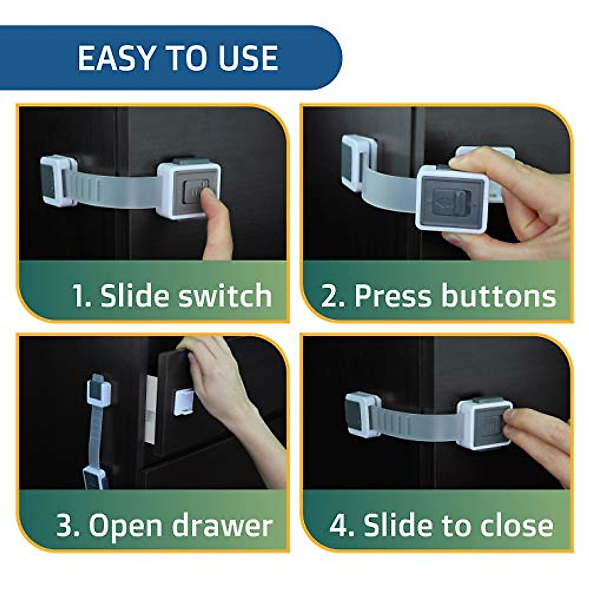 New Version Child Safety Locks 4-Pack. Baby Proof Cabinets, Drawers with Easy Adjustable Strap Length, Double Lock Option, Easier Latch for Adults to Open. Secure Oven, Refrigerator, Toilet, Doors