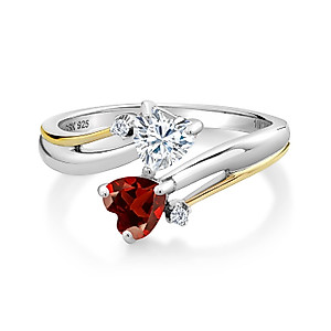 Gem Stone King 925 Silver and 10K Yellow Gold Personalized Engraved Birthstone and Lab Grown Diamond 2 Heart Promise Women Couple Ring (Size 7)