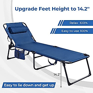 PRAISUN Folding Lounge Chair for Outside, Chaise Lounge for Outdoor, Tanning Chair with 5-Position Backrest, Sun Lounger Chair with Detachable Pillow, Fabric Bag, for Pool, Garden - Navy Blue