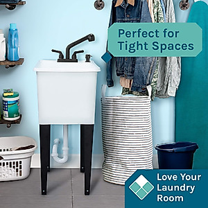 White Space Saver Utility Sink by JS Jackson Supplies, Freestanding Tehila Space Saving Laundry Tub, Black Pull-Out Faucet, Soap Dispenser