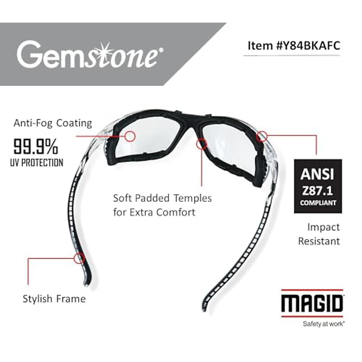 MAGID Gemstone Onyx Sporty Foam Lined Safety Glasses, 1 Pair, Gray Polycarbonate Lenses, Black Frame