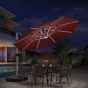 PURPLE LEAF 11ft Solar powered LED Patio Umbrella Outdoor Round Umbrella Large Cantilever Umbrella with LED lights Windproof Offset Umbrella Heavy Duty Sun Umbrella for Garden Deck Pool Patio, Terra