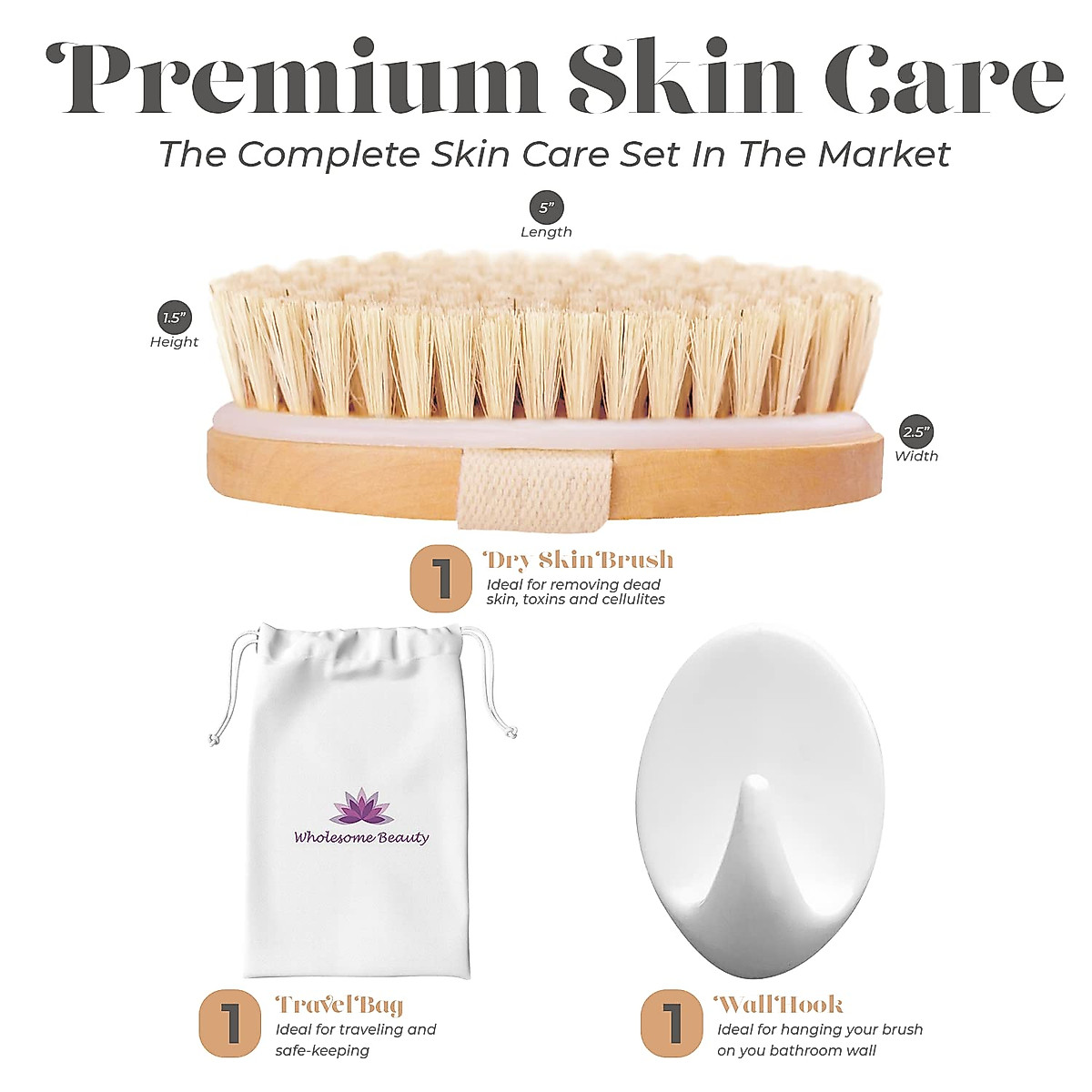 Dry Skin Body Brush - Improves Skin's Health and Beauty - Natural Bristle - Remove Dead Skin and Toxins, Cellulite Treatment, Improves Lymphatic Functions, Exfoliates, Stimulates Blood Circulation