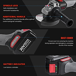 ZKH Cordless Angle Grinder Kit - 8500RPM Brushless Motor, 20V Power Angle Grinder Tool w/2 x 4.0Ah Batteries & Fast Charger, 4-1/2" Cutting Off Wheels, Auxiliary Handle, Heavy Duty Tool Case