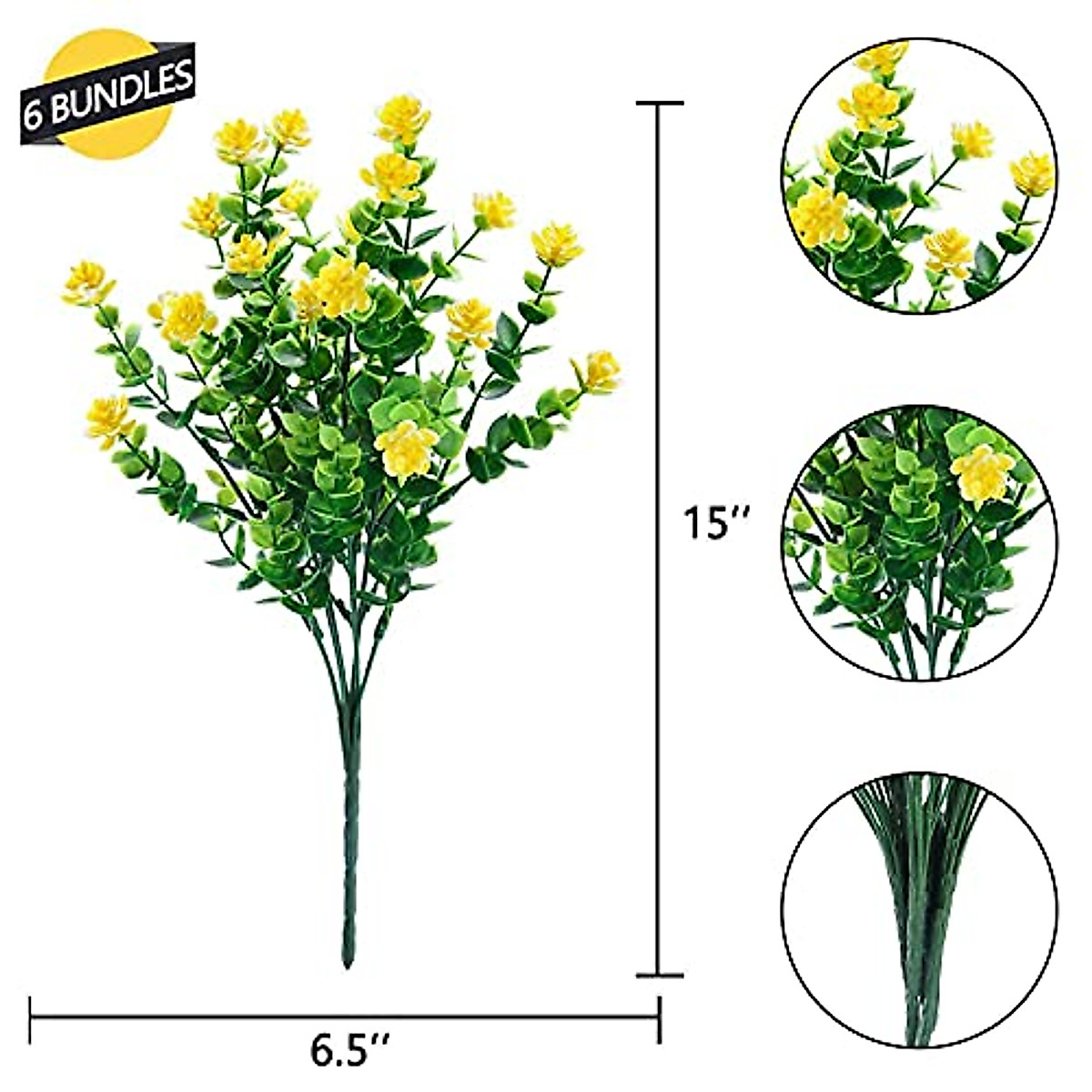 GREENRAIN 6 Bundles Artificial Flowers Outdoor Fake Flowers for Decoration UV Resistant No Fade Faux Plastic Plants Garden Porch Window Box Décor (Yellow)