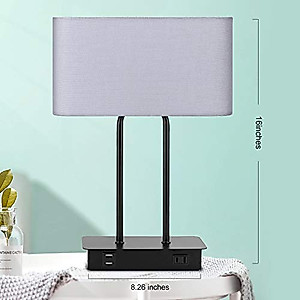 Bedside Touch Control Table Lamp with Dual USB Charging Ports 1 AC Outlet, 3 Way Dimmable Modern Nightstand Lamp with Grey Fabric Shade, Desk Lamp for Bedroom Living Room Office with 5000K LED Bulb