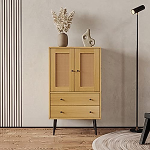 Angel Sar Soft Close Accent Cabinet, Buffet Sideboard Cabinet with 2 Drawers, Rattan Decorated Door, Adjustable Shelves, Dresser, Storage Cabinet for Dining, Living, Bedroom, Hallway