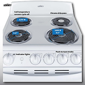 Summit 20" Electric Range, 220V 4 Burner Range, 2.3 cu.ft. oven, White- RE203W