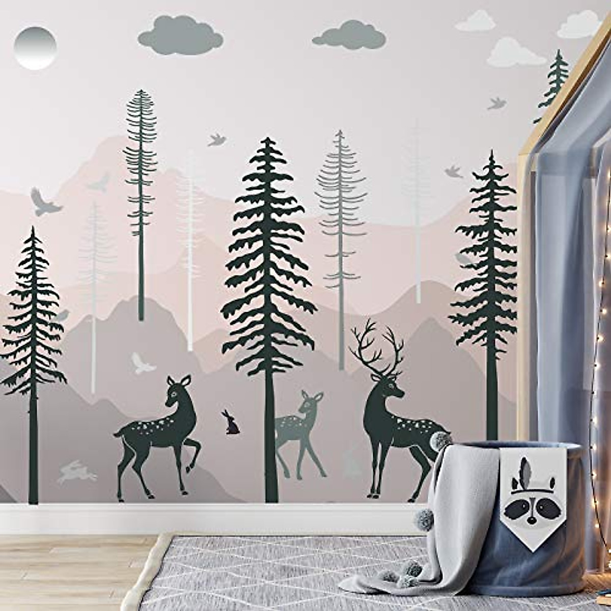 Nursery Wall Decal Forest Deer Pine Trees Wall Decal Woodland Vinyl Wall Sticker for Kids Babies Room Nursery Decoration (15.7 x 35.4 Inch)