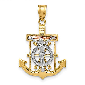14k Tri-color Diamond-cut w/Textured Mariner's Cross Pendant QC3930