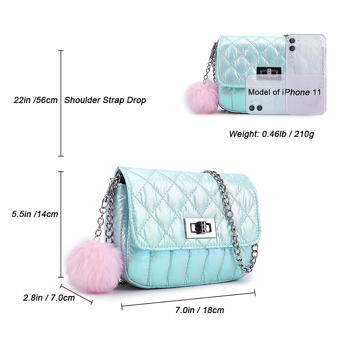 GLITZALL Cute Purses for Teen Girls Small Purse and Quilted Crossbody Bags for Women with Chain Strap, Nylon Lightweight, 8”