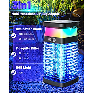 Solar Bug Zapper Outdoor Indoor, 3 in 1 Portable Electric Mosquito Zapper, Waterproof Plug in with RGB Light & Reading Lamp, Rechargeable Fly Zapper Insect Trap for Patio Camping Home Backyard