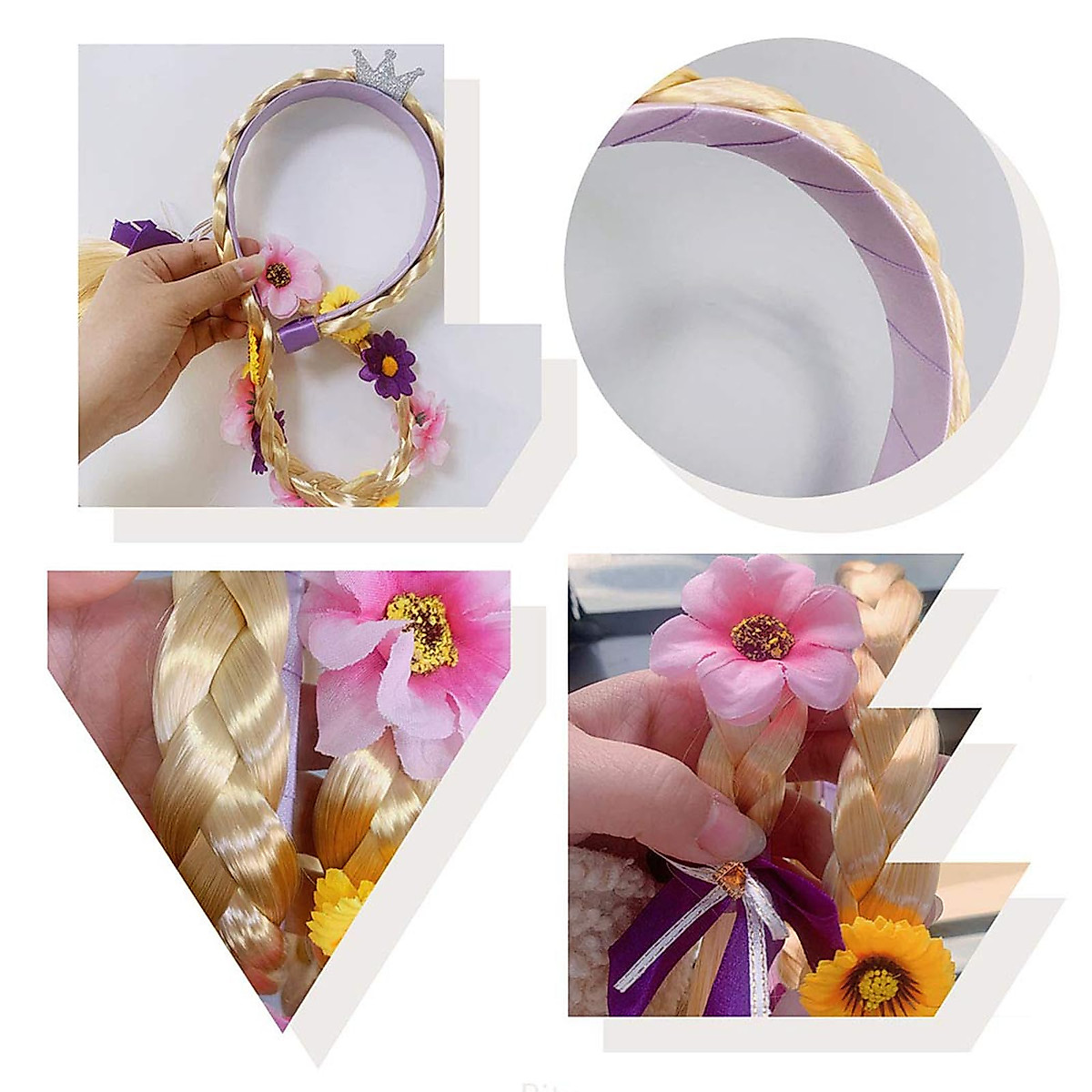 Tatibana Princess Dress up Wigs, Princess Rapunzel Long Braided Wig Headbands with Tiara Flowers Adorn for Girls Costume Accessories, 29 Inch