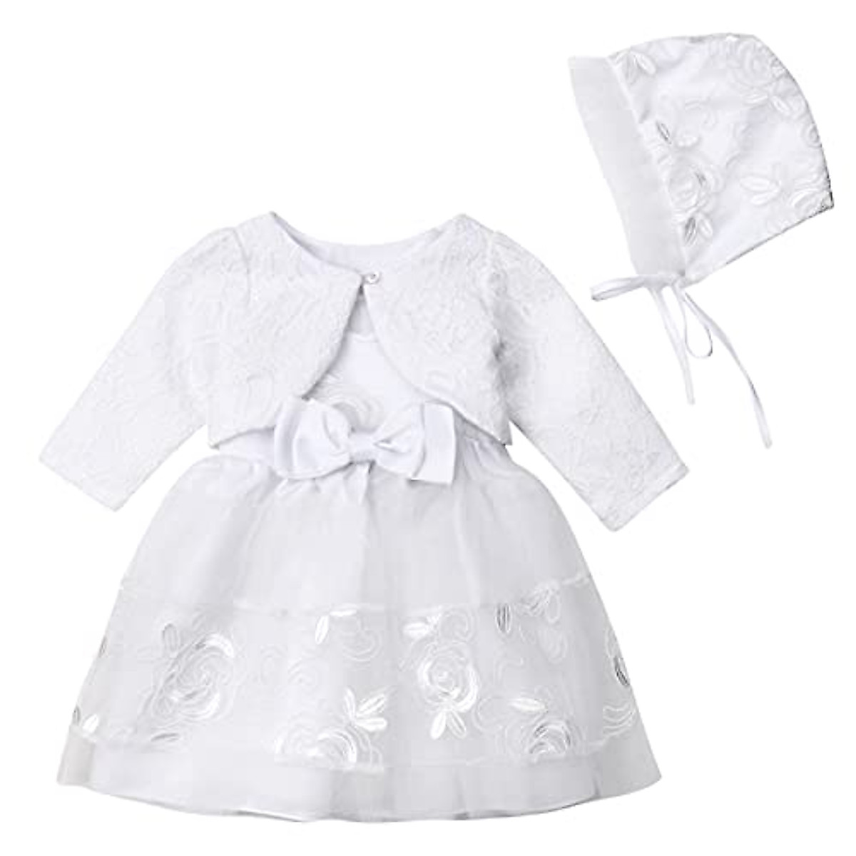Cudilica Newborn Baby Girls Christening Princess Long Sleeve Tulle Lace Dress Skirts Shawl Hat 3Pcs Infant Clothes Sets (White, 0-3 Months)